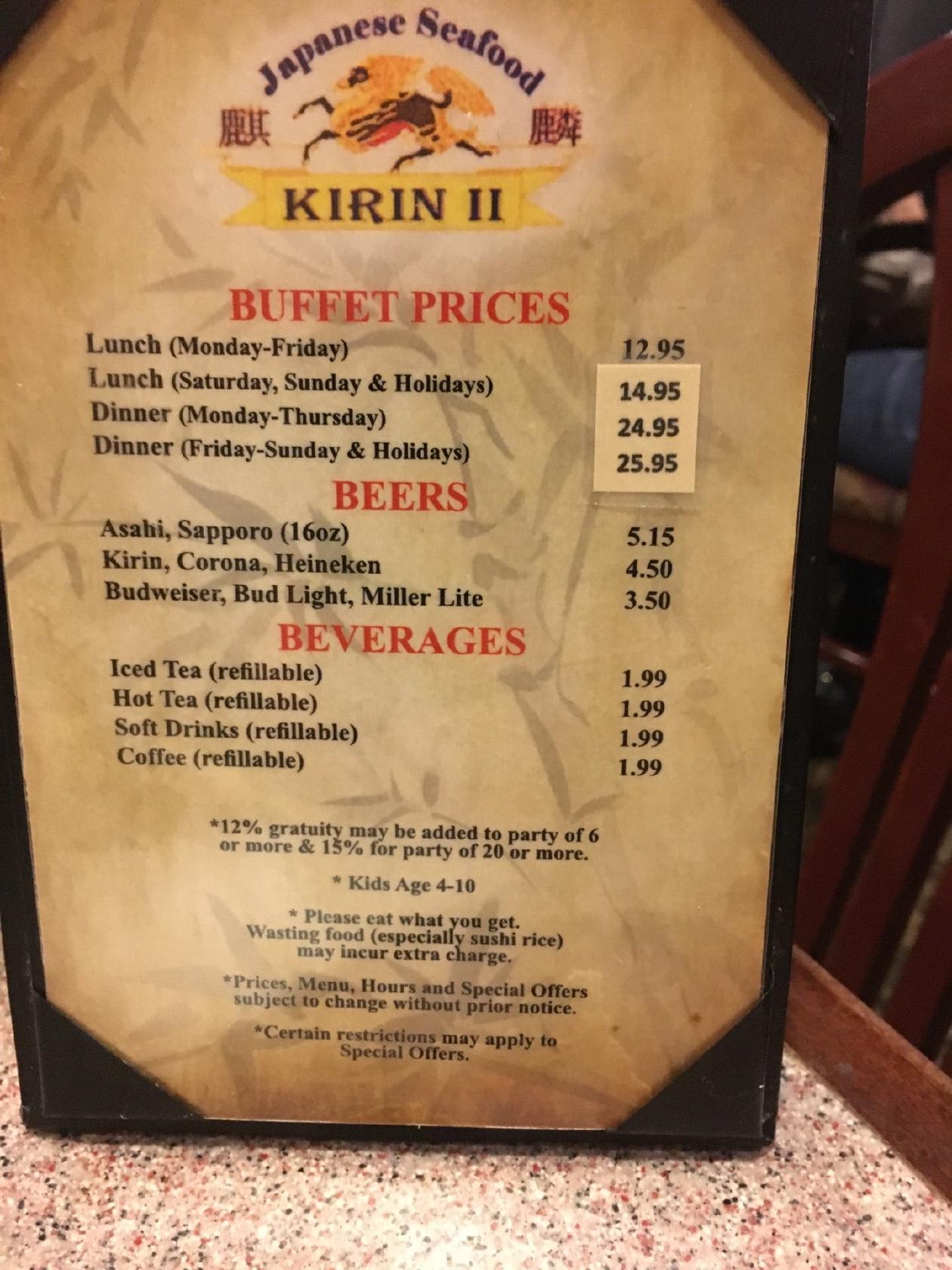 Menu at Kirin Japanese Seafood & Sushi Buffet restaurant, Houston