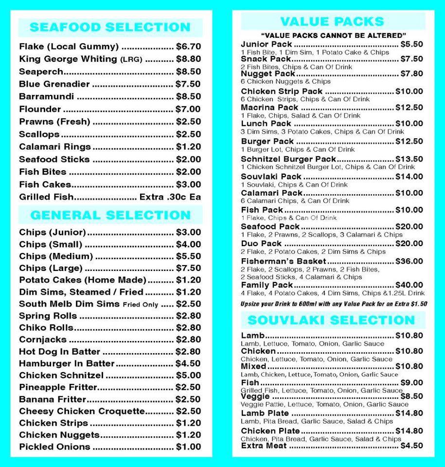 Menu at Macrina Fish Shop restaurant, Oakleigh East