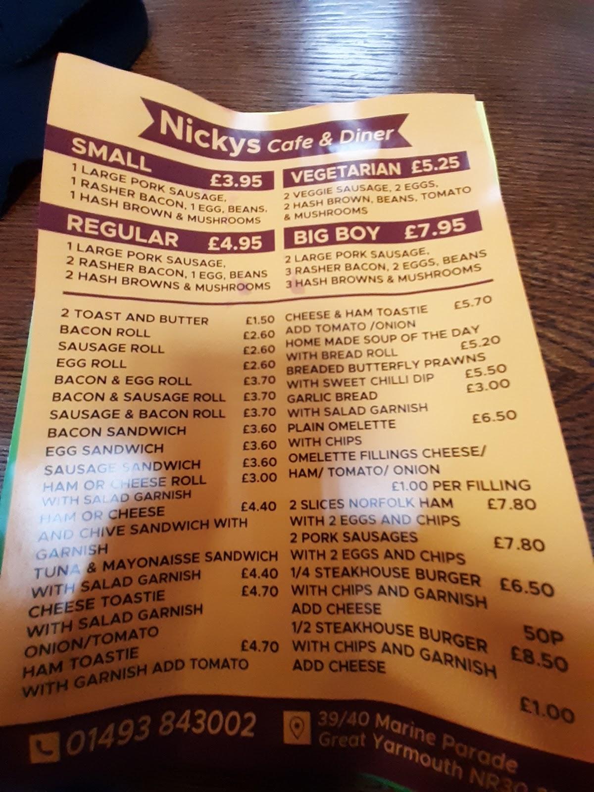 Menu at Nickys Cafe Diner, Great Yarmouth