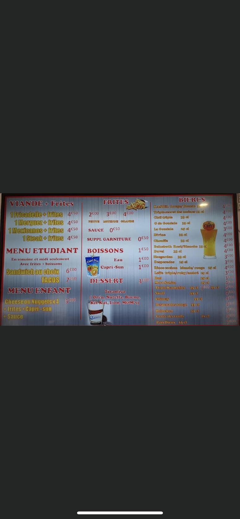 Menu at Queen tacos restaurant, Arras