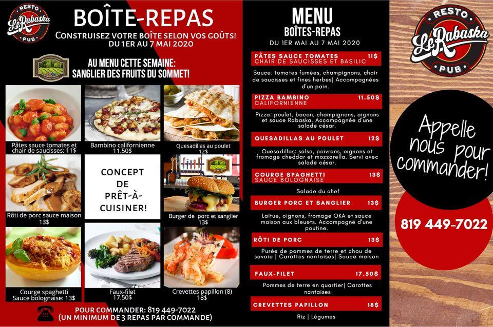 Menu au Resto Pub Le Rabaska, Maniwaki