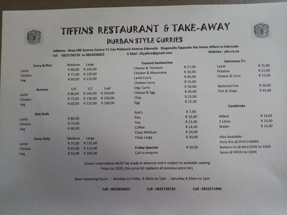 Menu at Tiffins Take Away restaurant, Edenvale