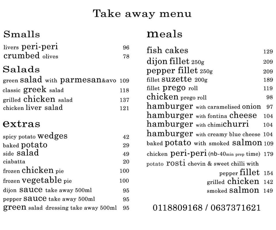 Menu at Bellinis restaurant, Johannesburg