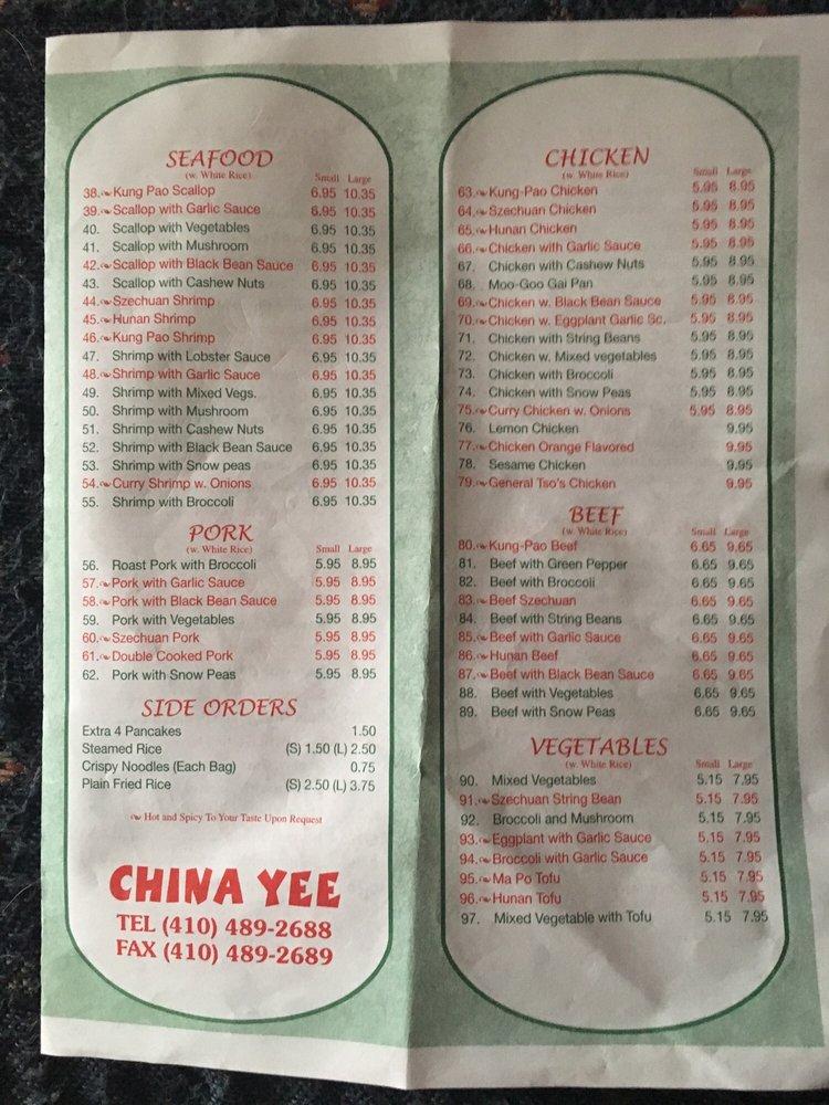 Menu at China Yee restaurant, Woodbine