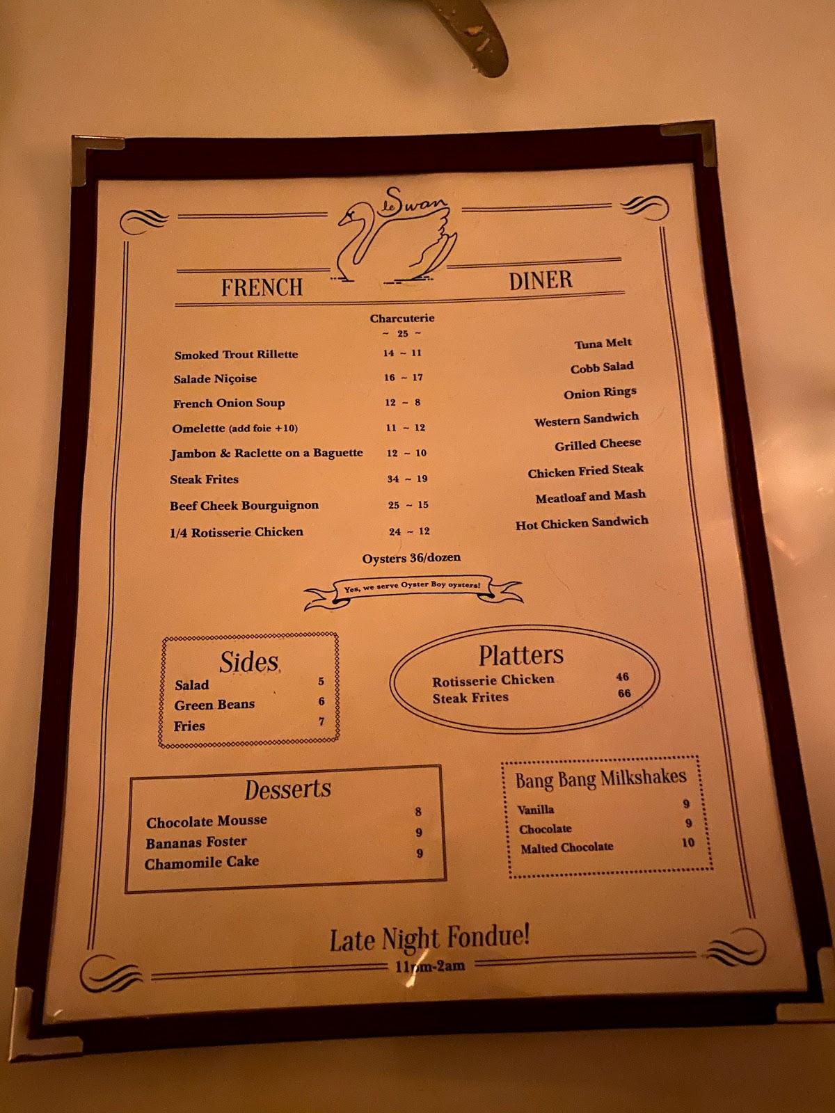 Menu at Le Swan restaurant, Toronto