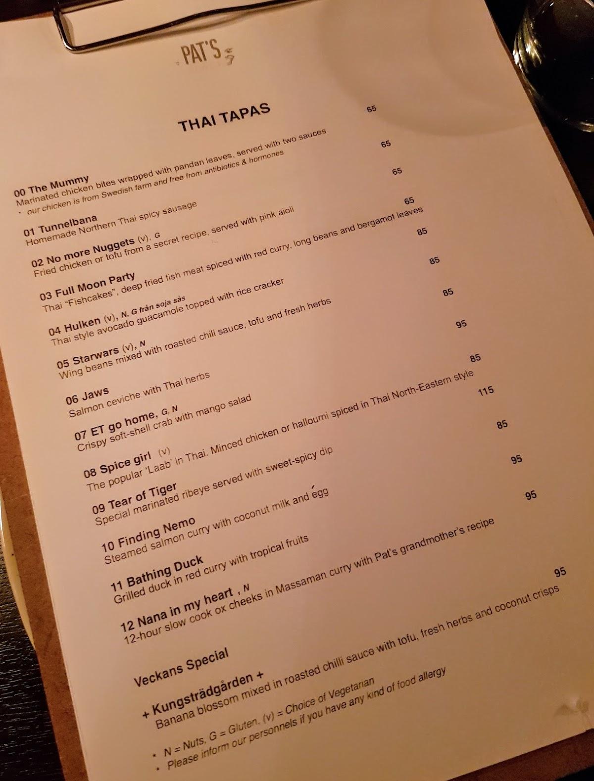 Menu at Pat's Place pub & bar, Stockholm