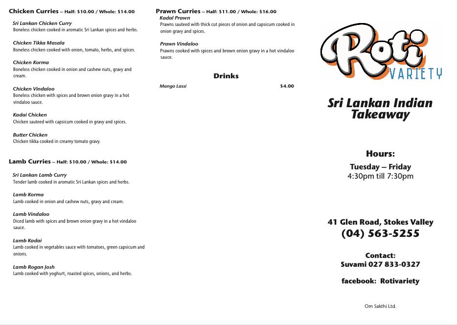 Menu at Roti Variety restaurant, Wellington