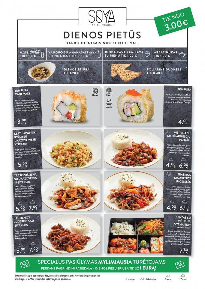Menu at SOYA restaurant, Šiauliai
