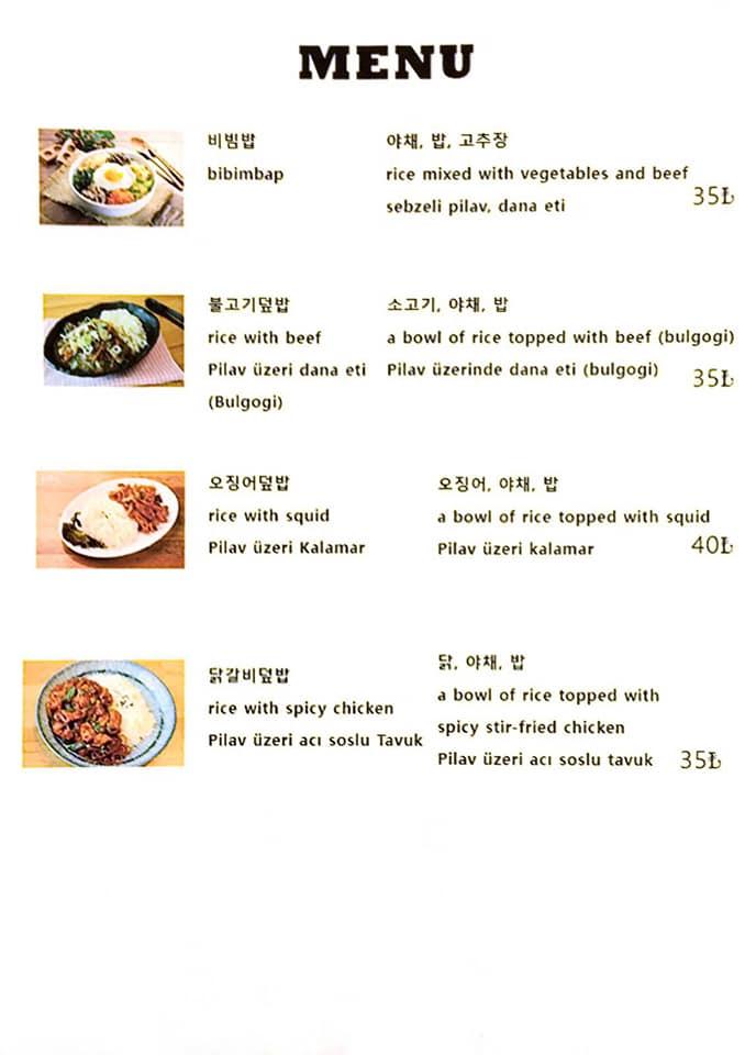 Menu at Sonamu Korean Restaurant, Istanbul