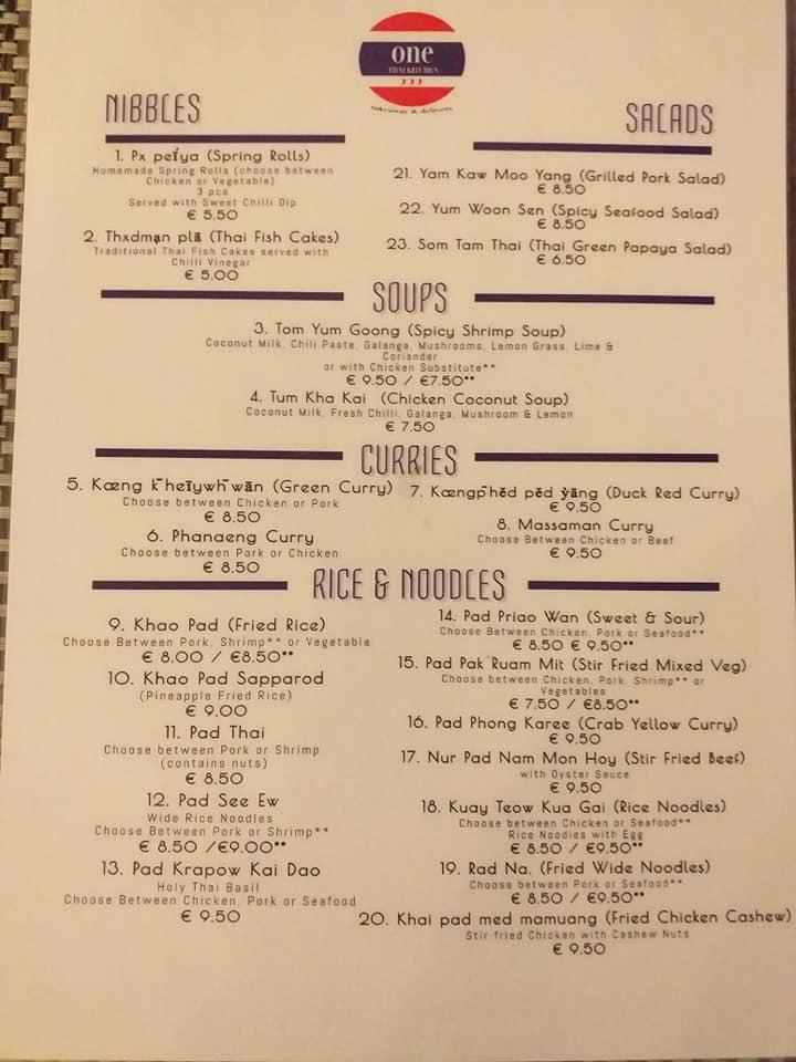 Menu at one thai kitchen restaurant, Sliema