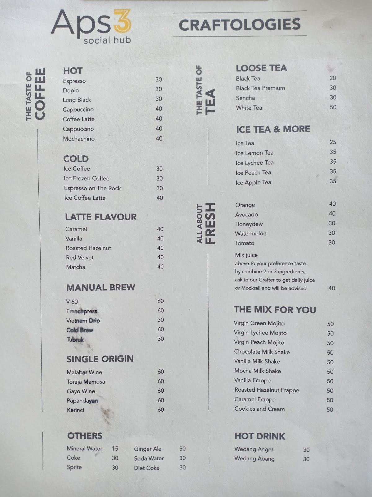 Menu at APS3 cafe, Surabaya