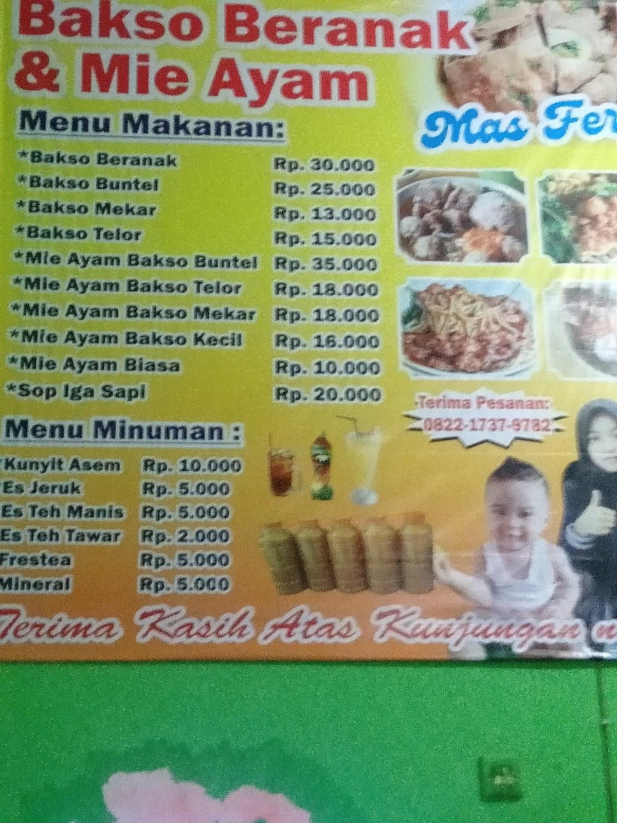 Menu at Bakso Beranak Mas Feri restaurant, Karawang