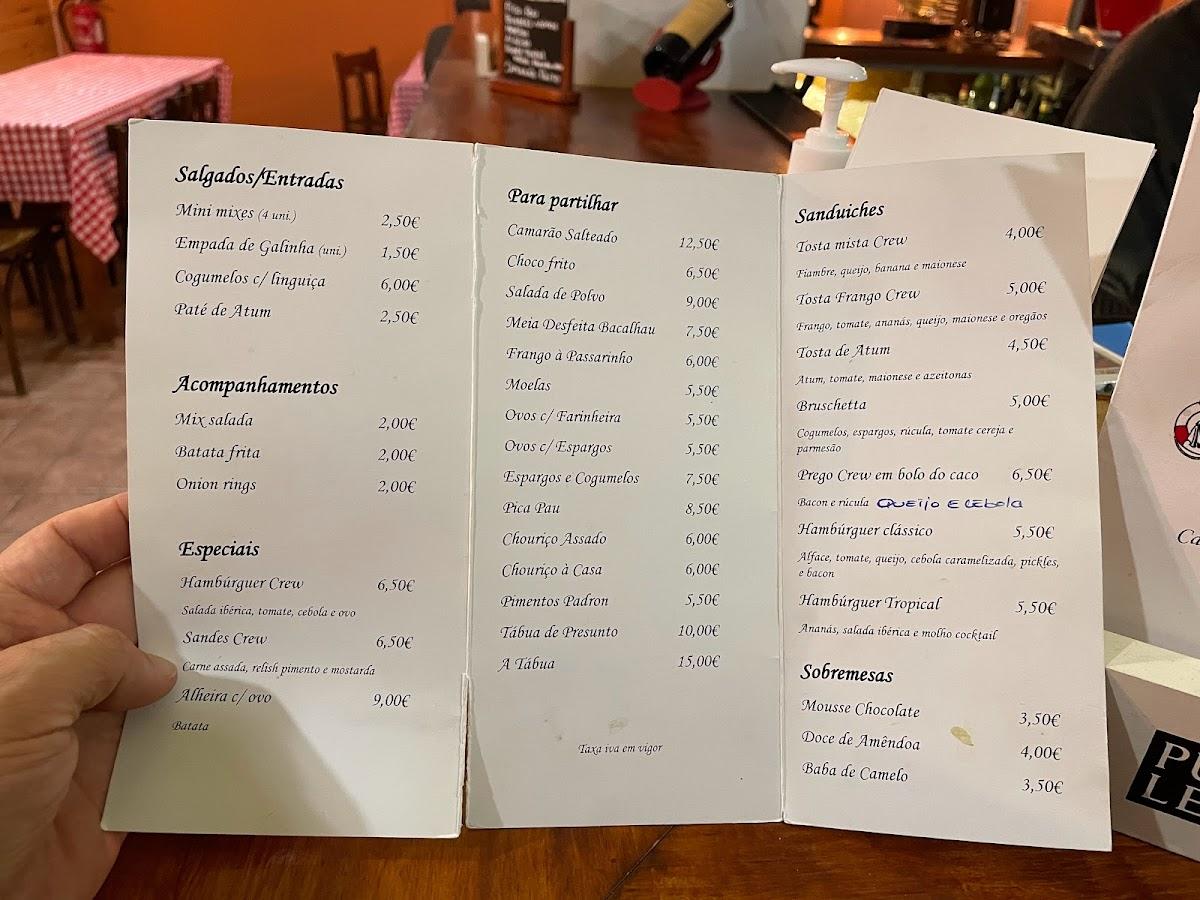 Menu em Crew Bar, Estoril