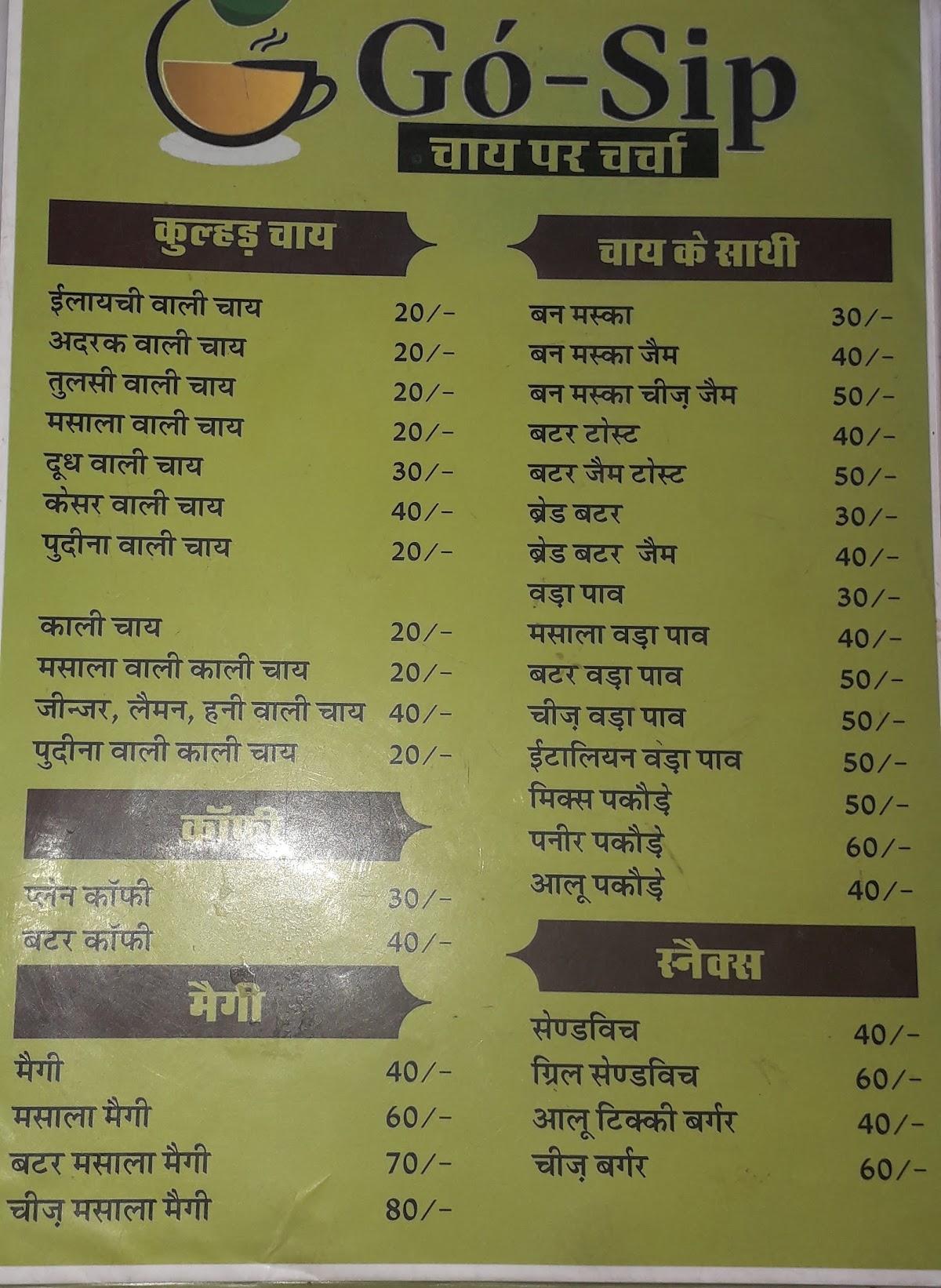 Menu at Cafe Go-sip, Jaipur