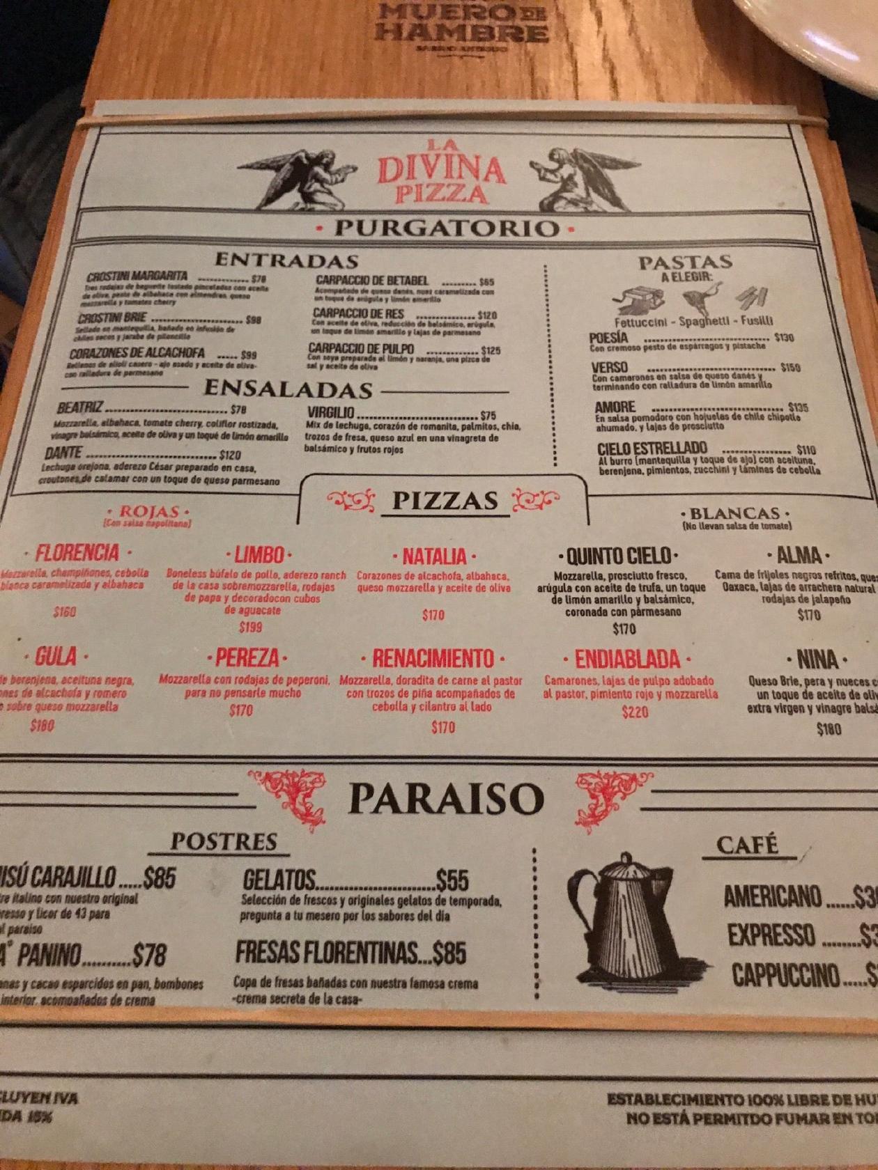 Carta del restaurante La Divina, Monterrey, Diego del Montemayor 507 Sur