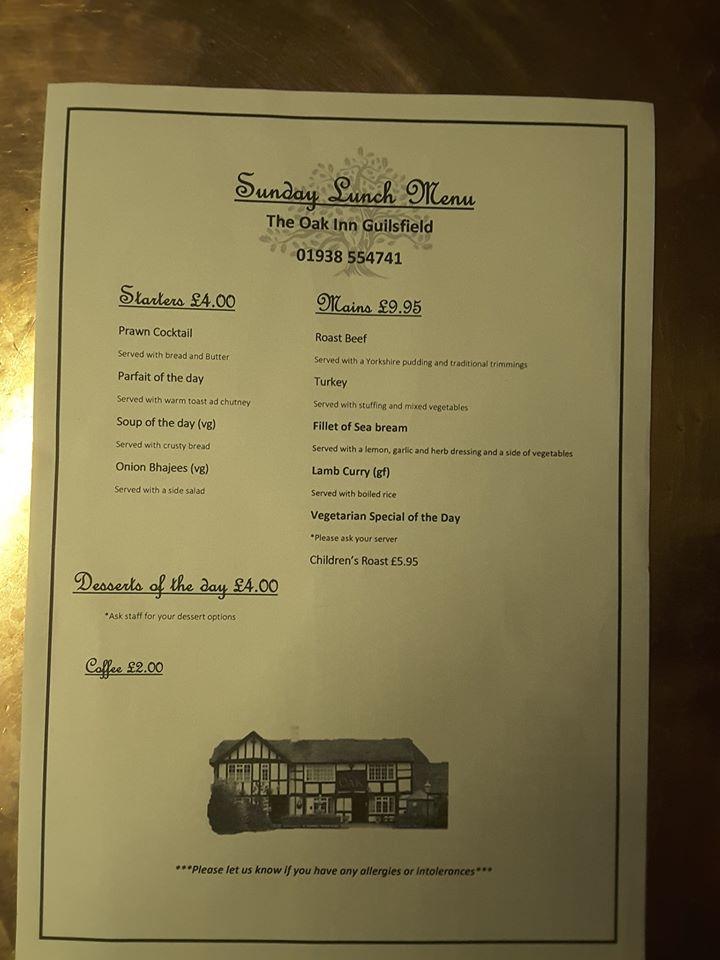 Menu at The Oak Inn pub & bar, Welshpool