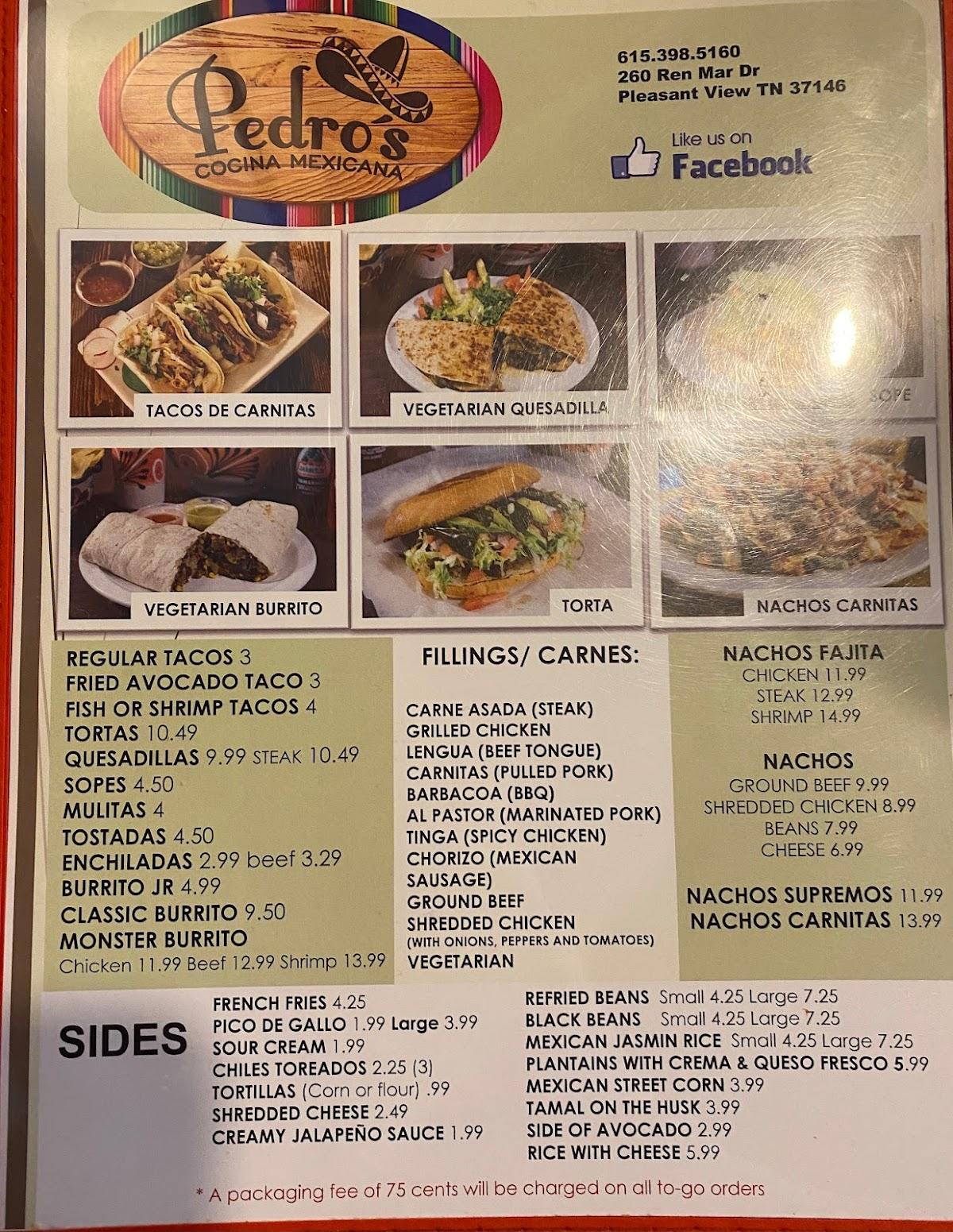Menu at Pedro's Cocina Mexicana restaurant, Pleasant View