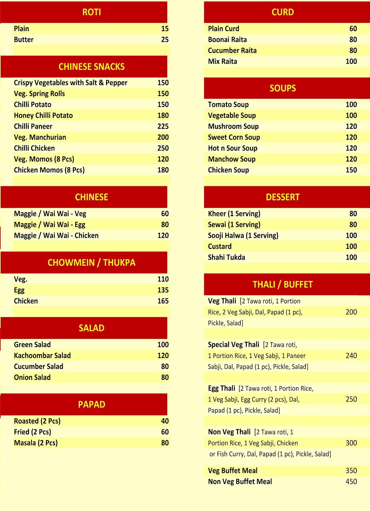Menu at Restaurant Kanchenjunga View Point, Darjeeling