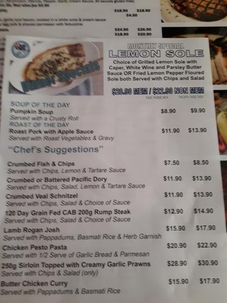 Menu at Tewantin Noosa RSL restaurant, Tewantin