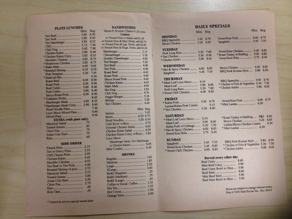 Menu at Grace's Inn fast food, Honolulu, S Beretania St. # 101