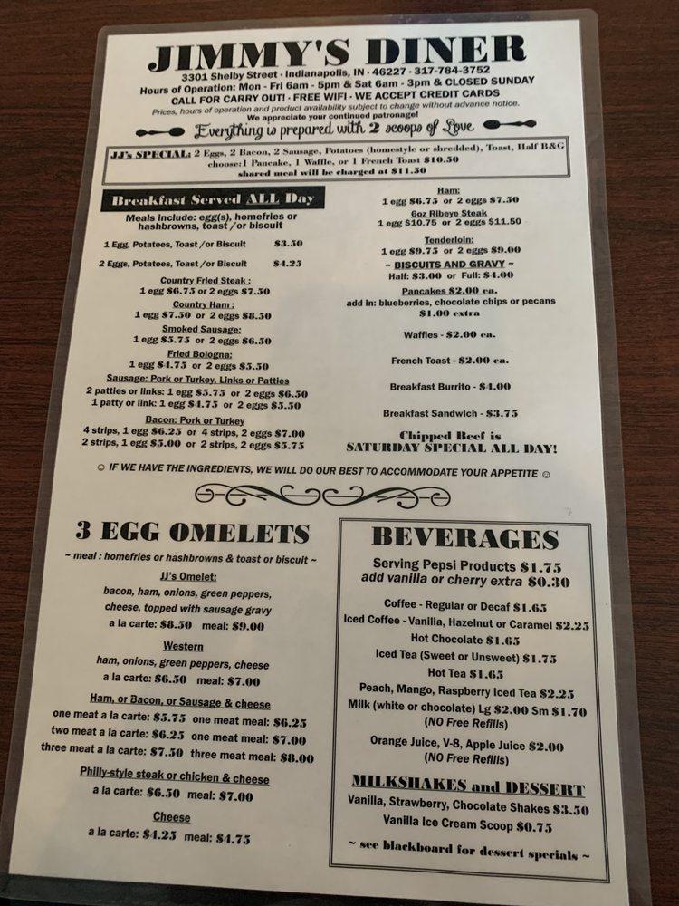 Menu at Jimmy's Diner restaurant, Indianapolis