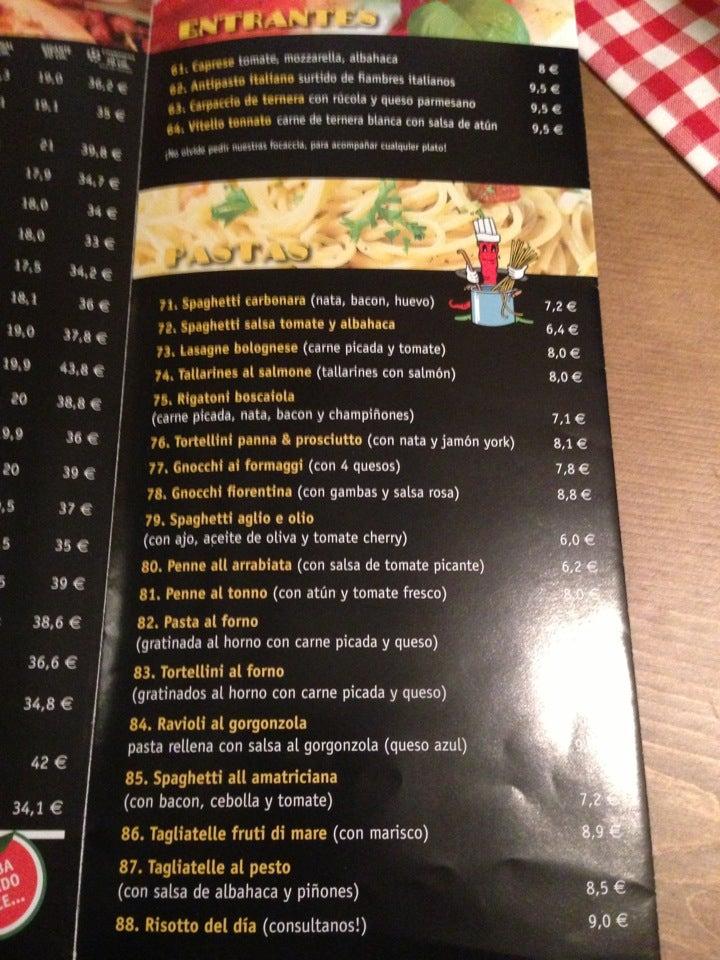 Menu at Peperoncino pizzeria, Palma, C. Socors