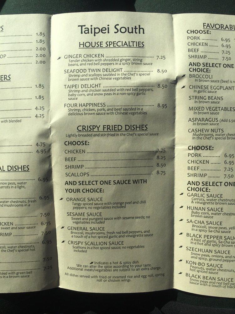 Menu at Taipei South restaurant, Charlotte