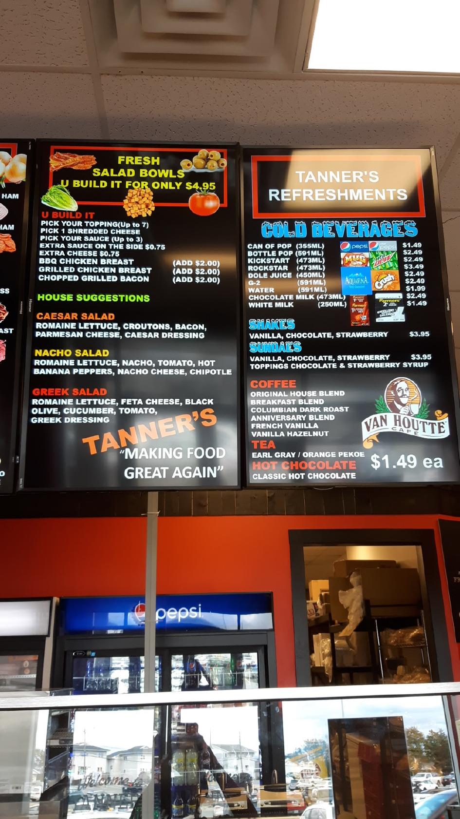 Menu at Tanner's Hoagies & Shakes restaurant, Halifax