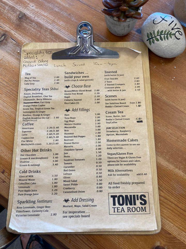 Menu at Toni's Tea Room cafe, Ventnor