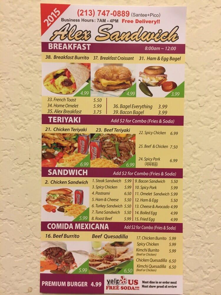 Menu at Alex's Sandwich Shop restaurant, Los Angeles, Santee St