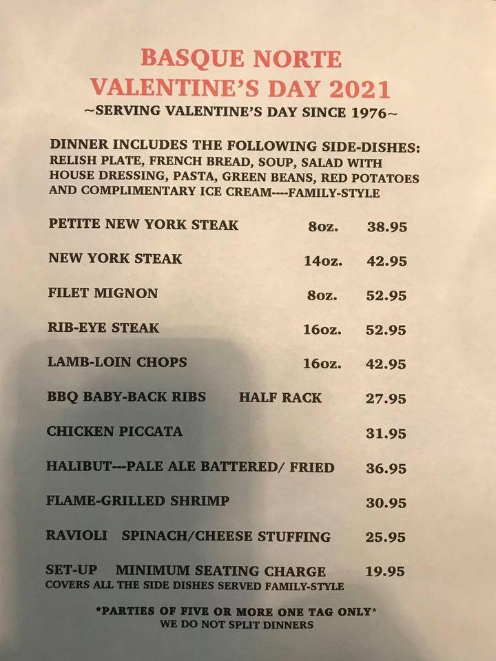 Menu at Basque Norte steakhouse, Chico