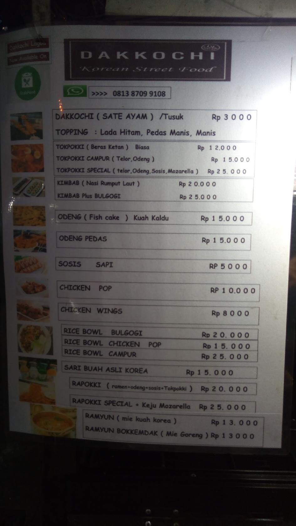 Menu at DAKKOCHI korean street food restaurant, North Jakarta
