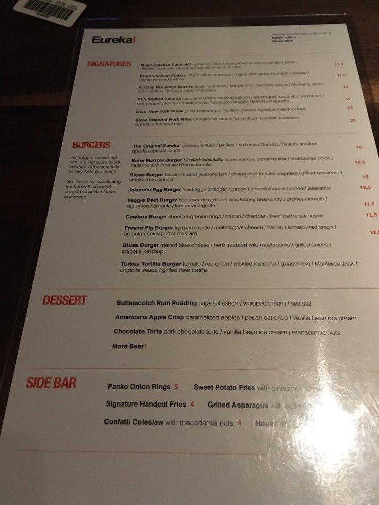 Menu at Eureka! restaurant, Boise