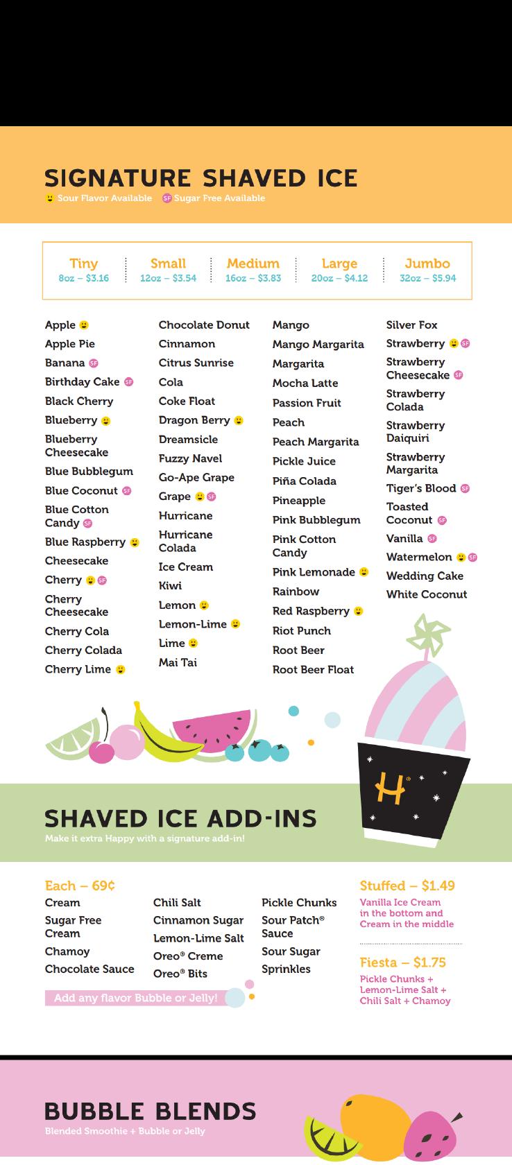 Menu at Happy’s Shaved Ice, Bubble Tea & Smoothies pub & bar, Lubbock