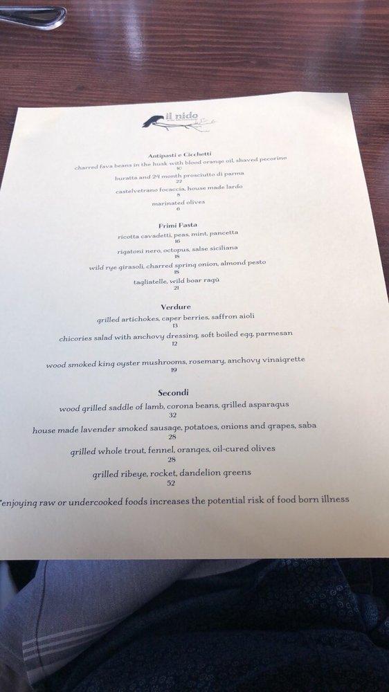 Menu at Il Nido restaurant, Seattle