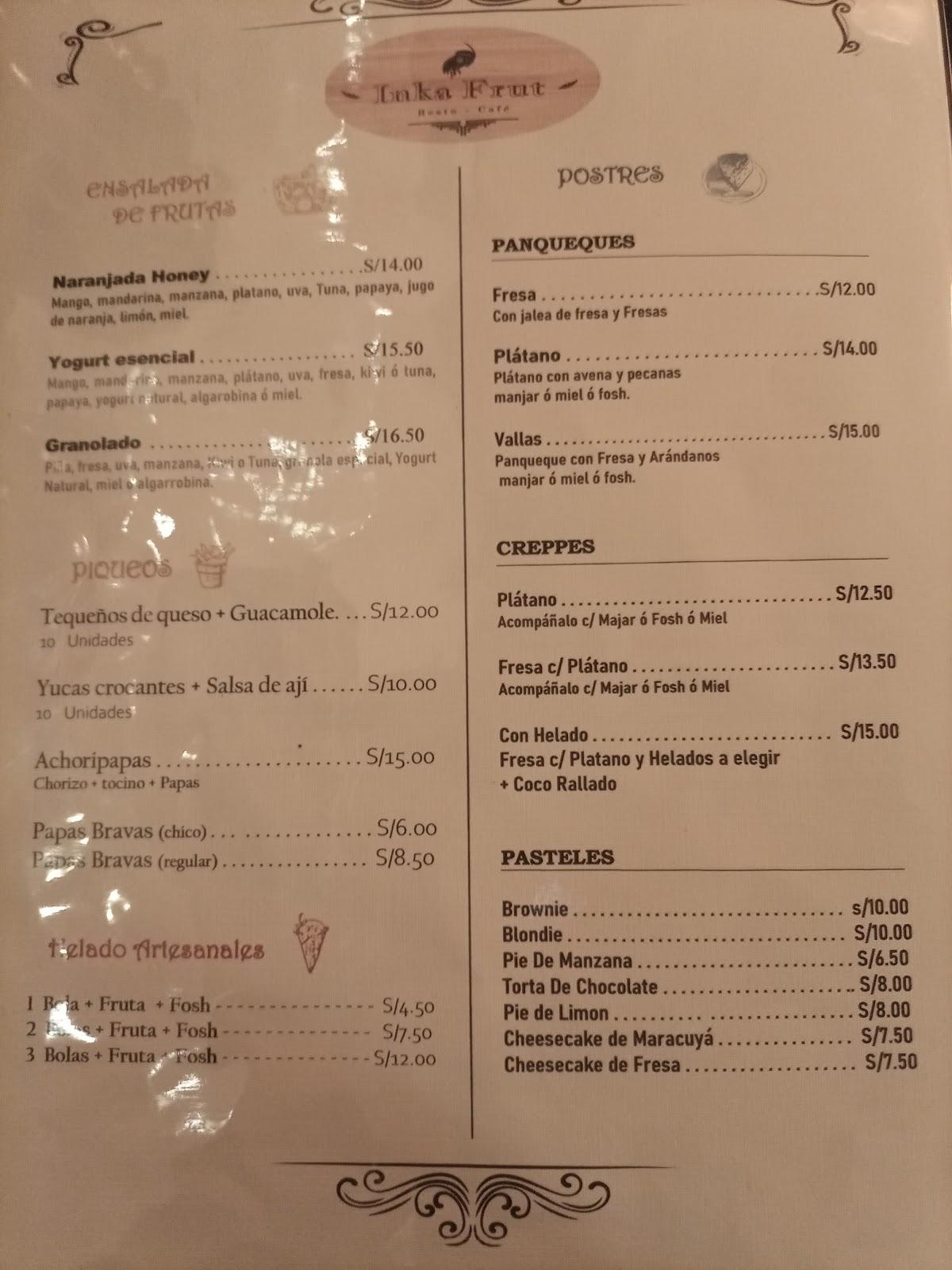 Menu at Inka Frut restaurant, Huaraz