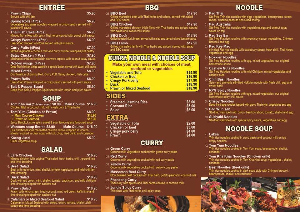 Menu at Kinnaree Thai Restaurant, Tumut