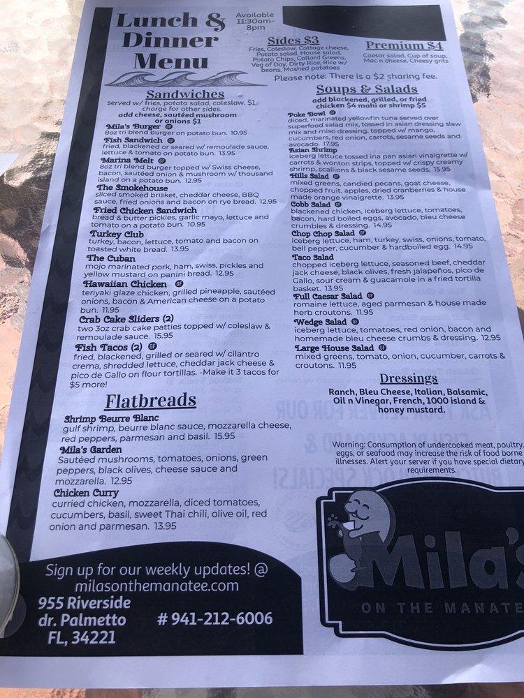 Menu at Mila’s on the Manatee restaurant, Palmetto