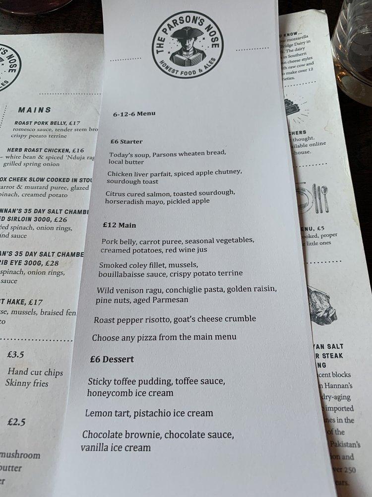 Menu at The Parson's Nose restaurant, Hillsborough