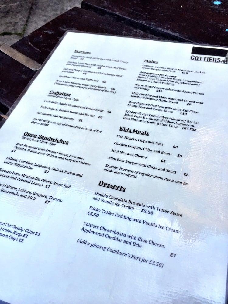 Menu at Cottiers pub & bar, Glasgow