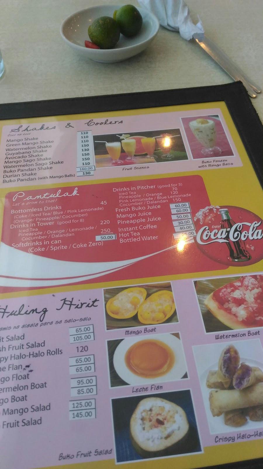 Menu at Dencio's restaurant, Davao City