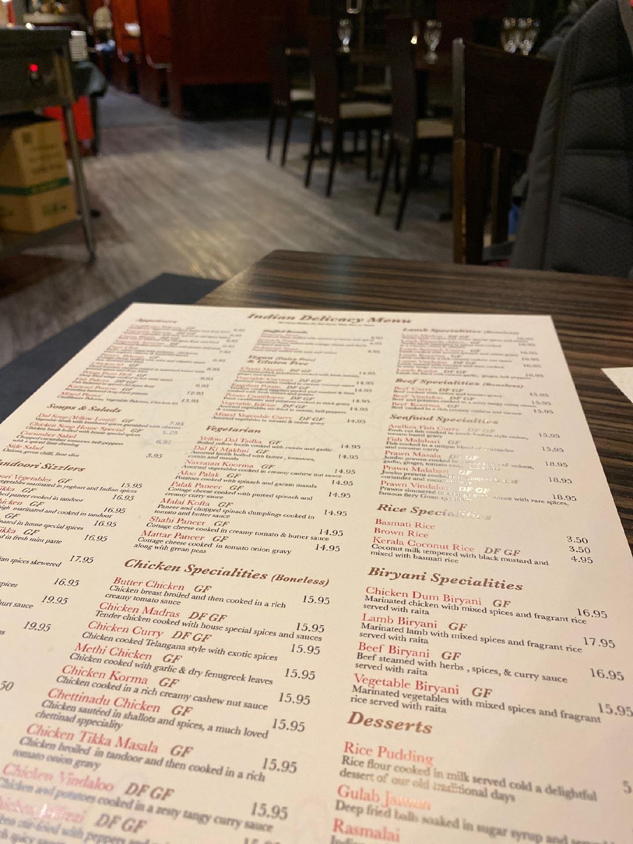 Menu at Indian Delicacy restaurant, Vancouver