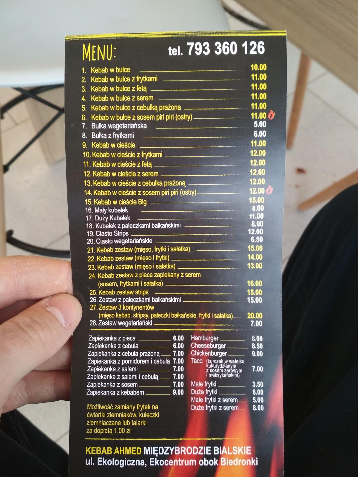 Menu at Kebab Ahmed restaurant, Międzybrodzie Bialskie