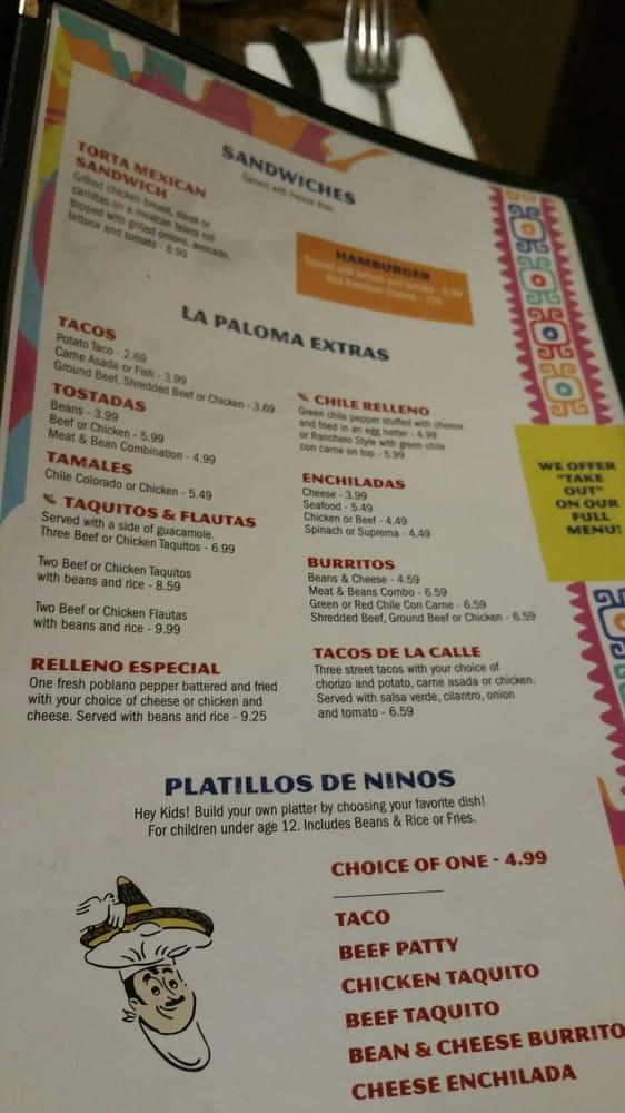 Menu at La Paloma Mexican Restaurant, La Verne