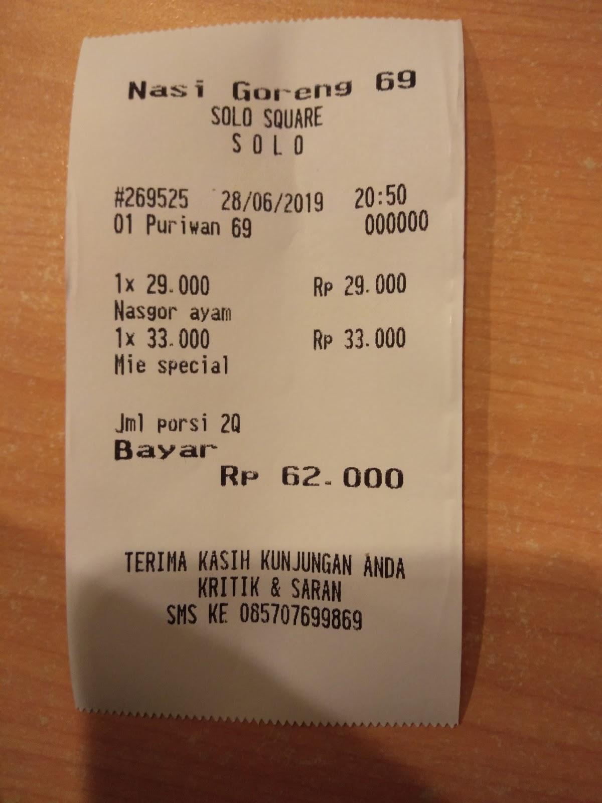 Menu at Nasi Goreng 69 restaurant, Surakarta, Solo Square