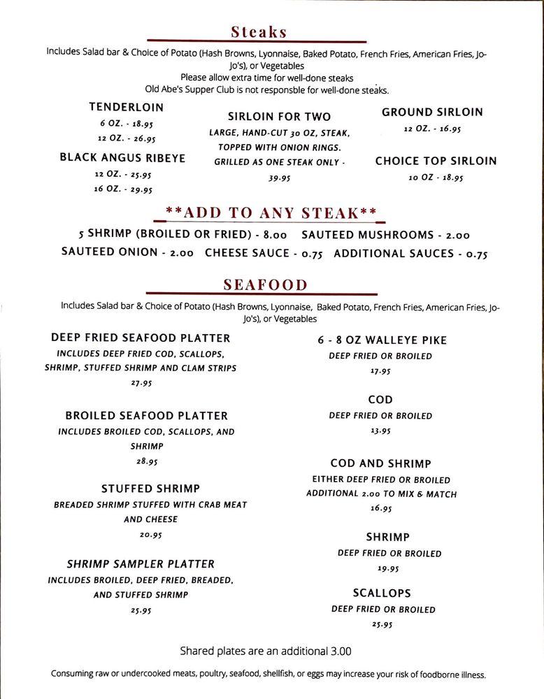 Menu at Old Abe's Supper Club, USA