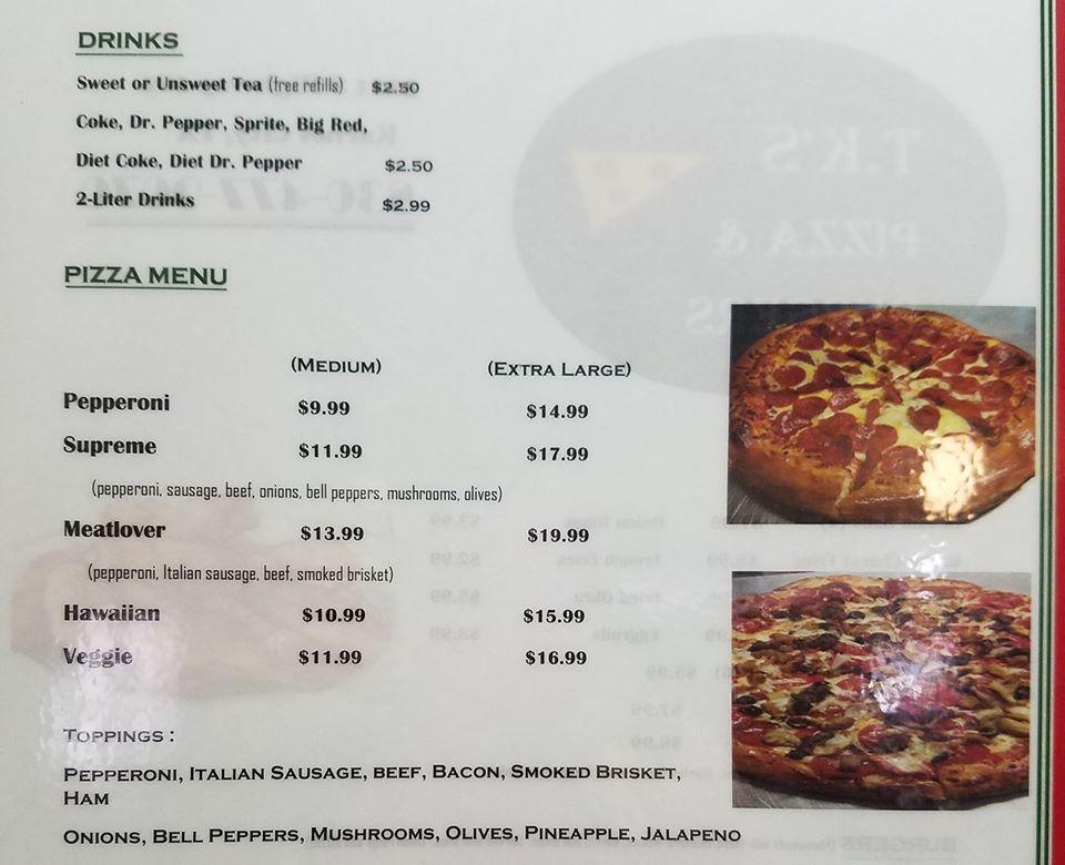 Menu at TK'S Pizza & Burgers pizzeria, Karnes City