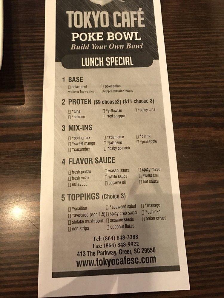 Menu at Tokyo Cafe, Greer, 413 The Parkway