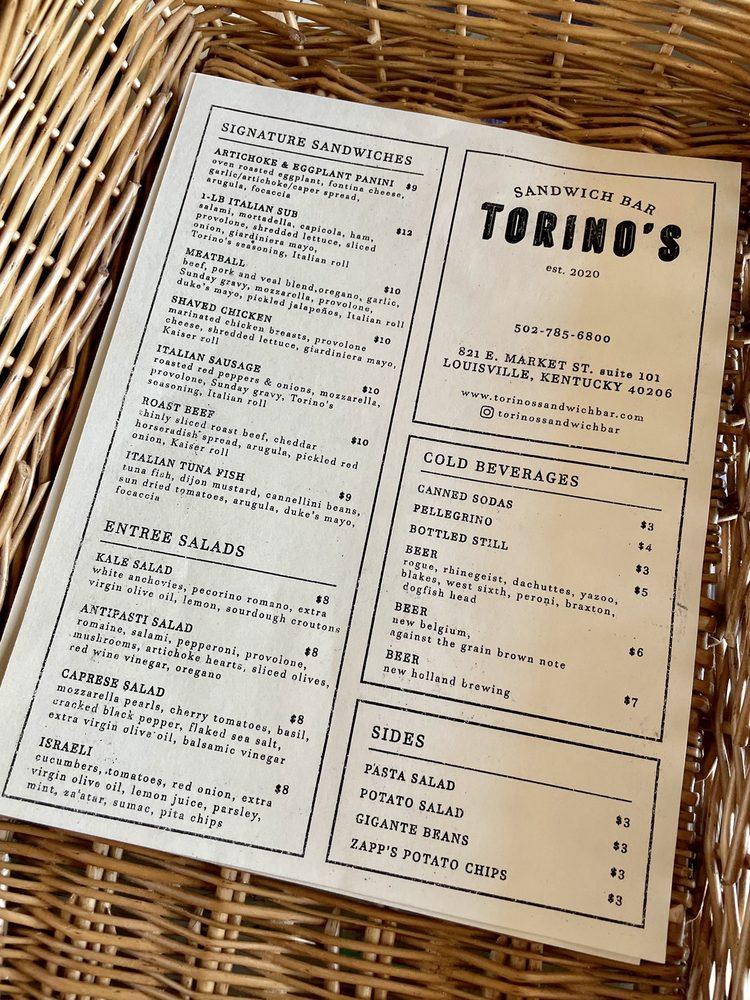 Menu at Torino's Sandwich Bar, Louisville