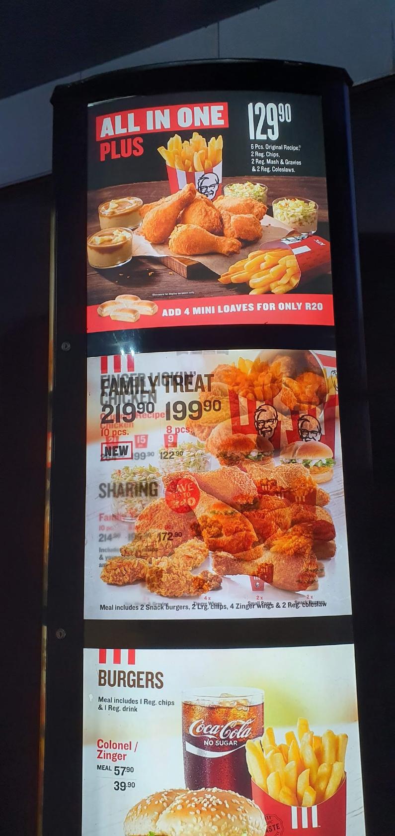 Menu at KFC Phillip Nel Park restaurant, Pretoria